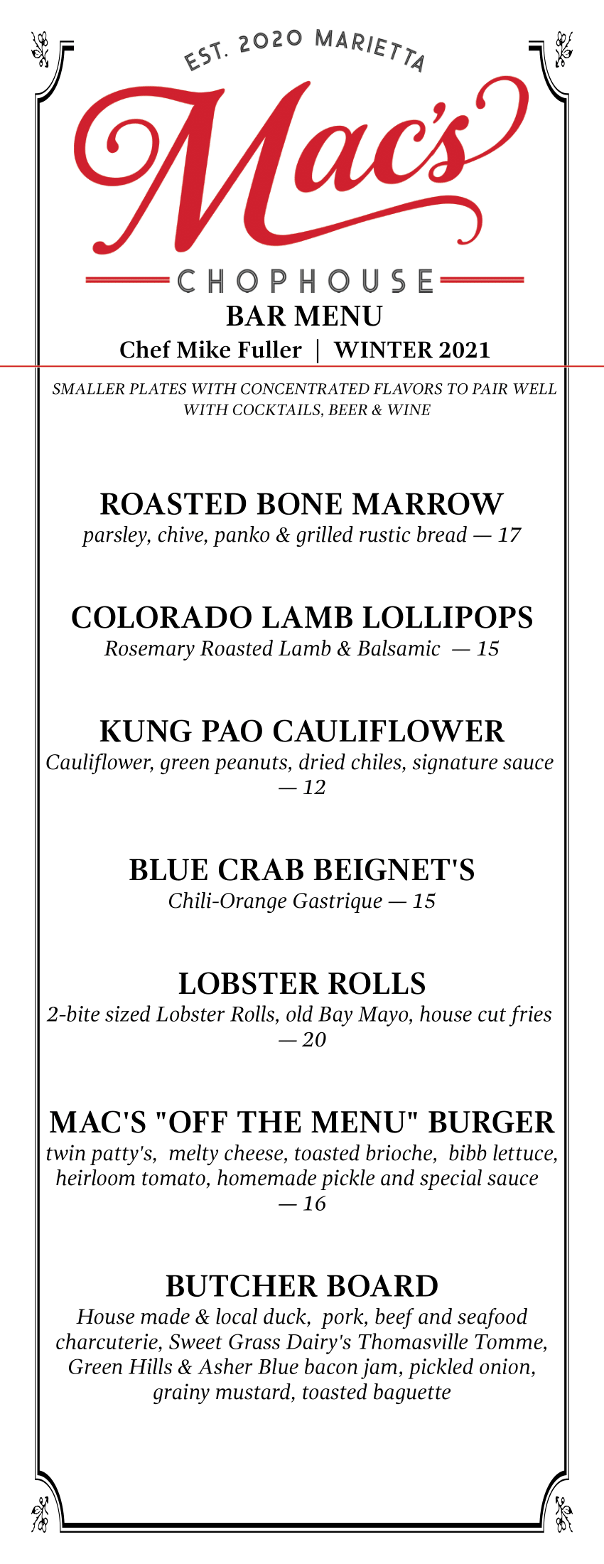 Bar Menu | Small Bites | Mac's Chophouse